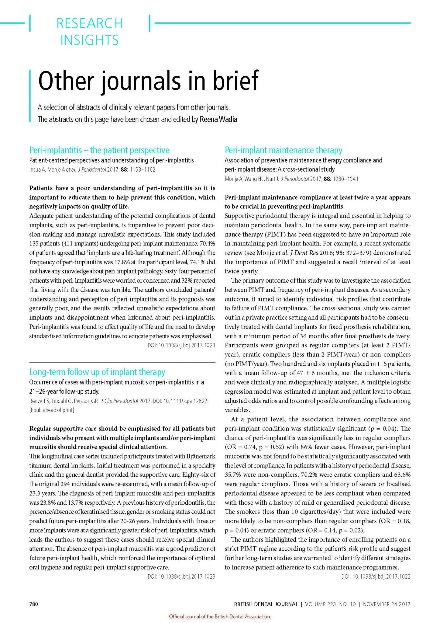 BDJ Other Journals in Brief - Reena Wadia